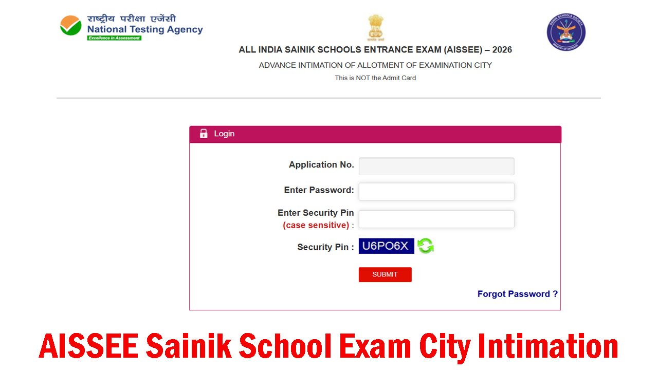 AISSEE Sainik School Exam City Intimation 2026 OUT Exam City Check ...