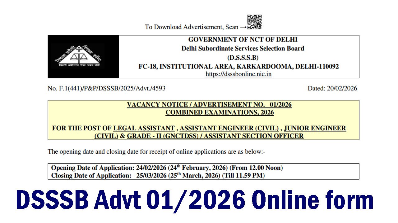 DSSSB Advt 01/2026 Online form For AE, JE, Grade-II, ASO, etc 911 Posts ...