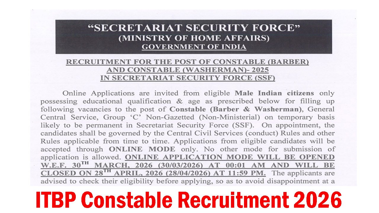 SSF Constable Recruitment 2026 Apply Online For ITBP CT Washerman ...